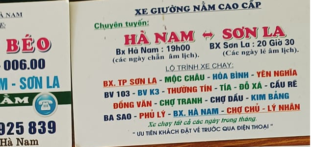 Nhà xe Tuấn Béo Mộc Châu Sơn La, Hà Nam số điện thoại, lịch trình, giờ chạy